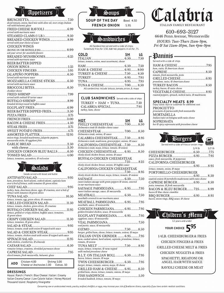 Menu at Calabria Italian Restaurant, Wernersville