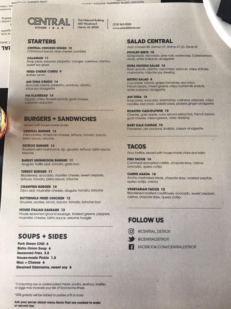 Menu at Central Kitchen + Bar, Detroit