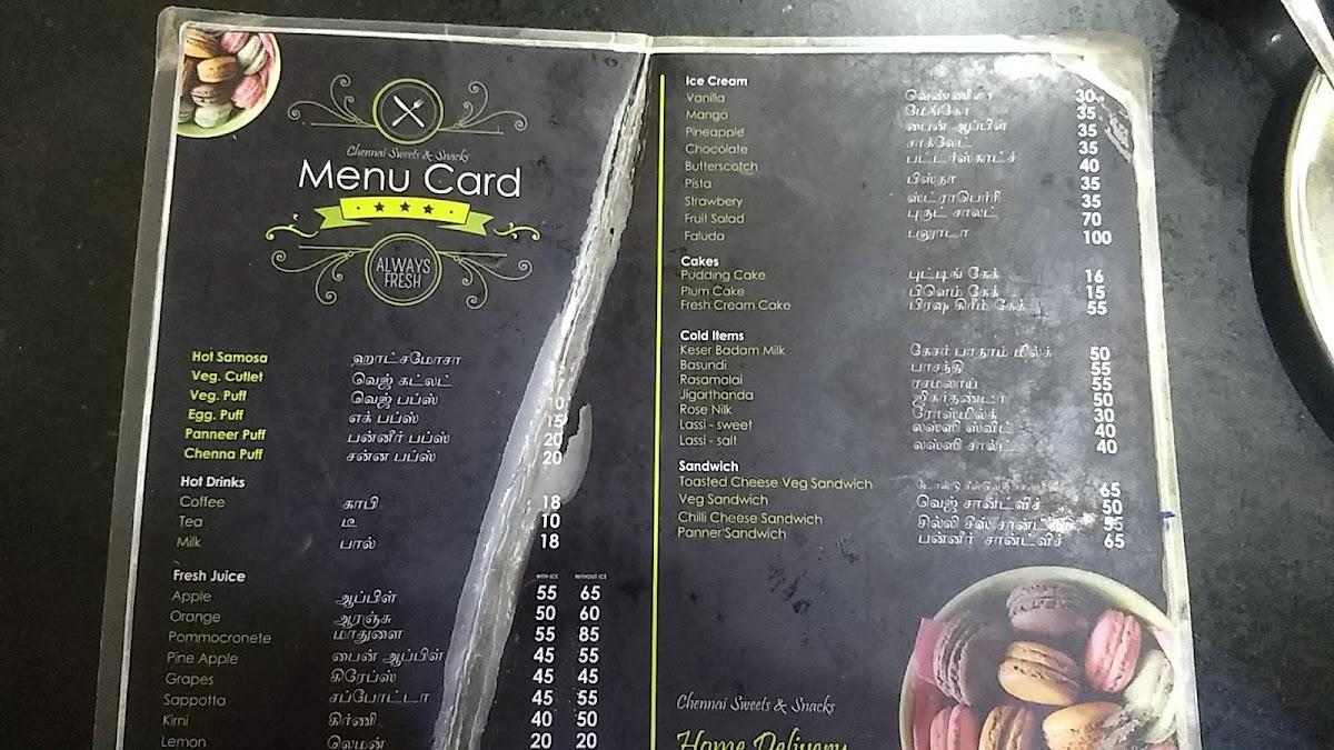 Menu at Chennai Sweets, Tenkasi