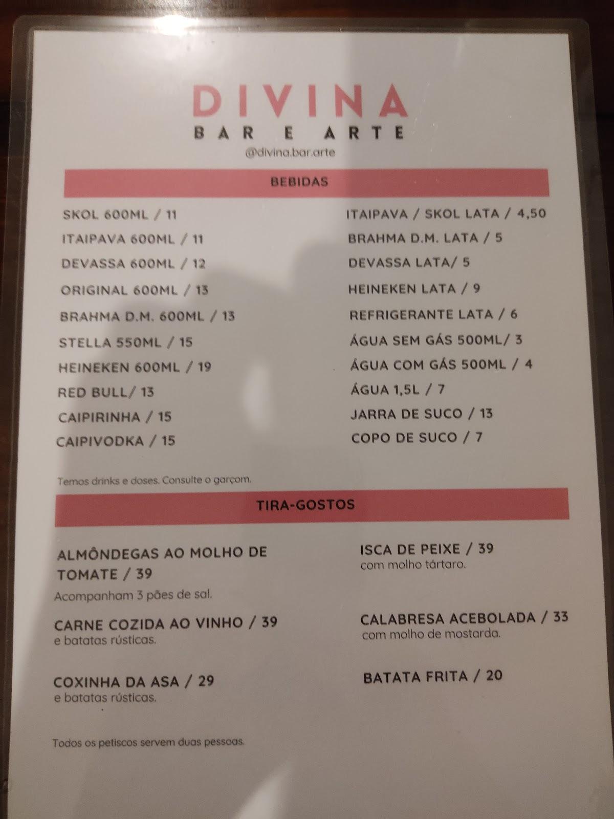 Menu em Divina Bar e Arte, Brasil