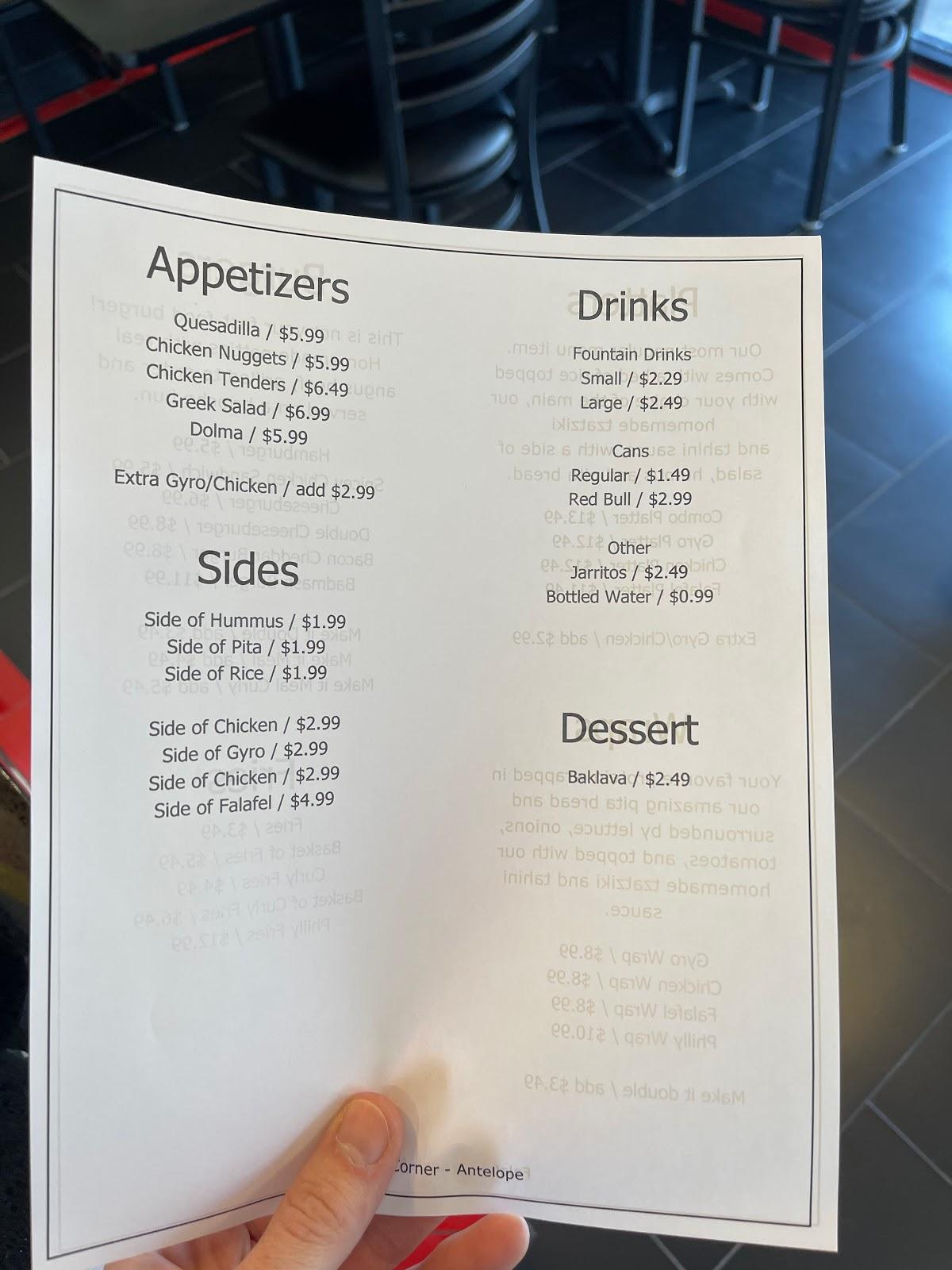 Menu at Falafel Corner restaurant, Antelope