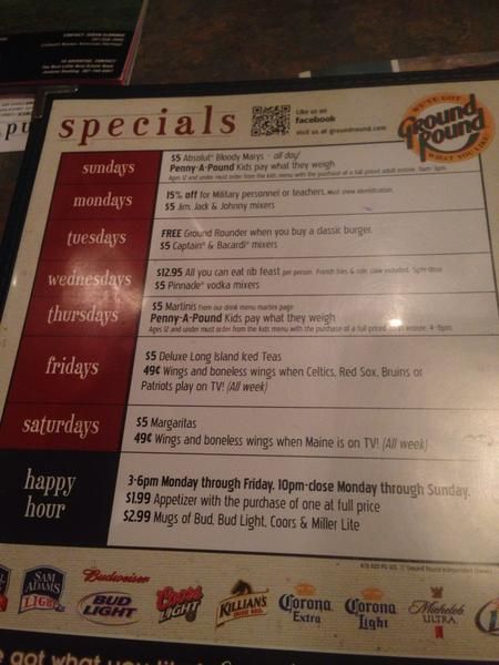 Menu at Ground Round Grill & Bar, Bangor