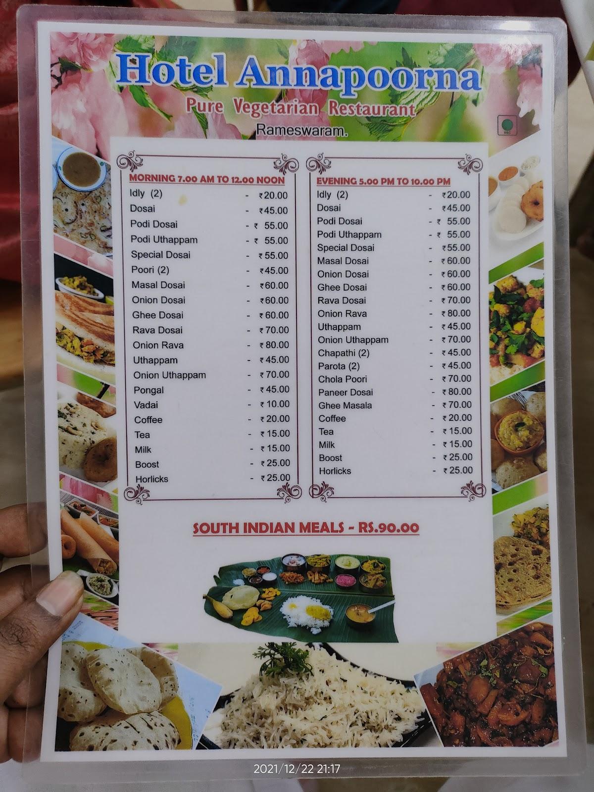 Menu at Hotel Sri Annapoorna in SDM, Rameswaram