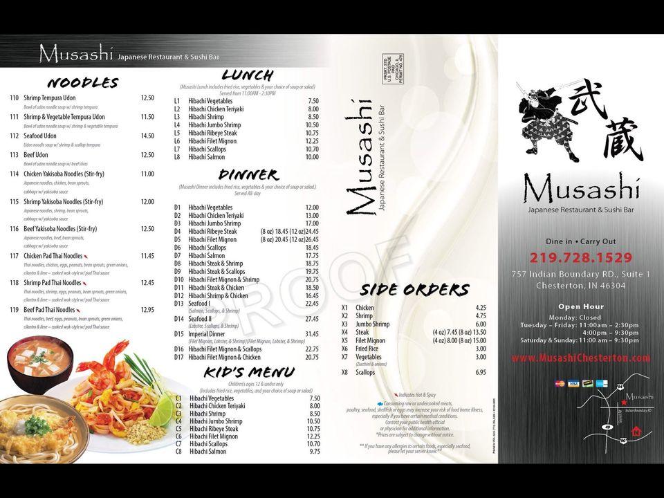 Menu at Musashi Japanese Restaurant & Sushi Bar, Chesterton