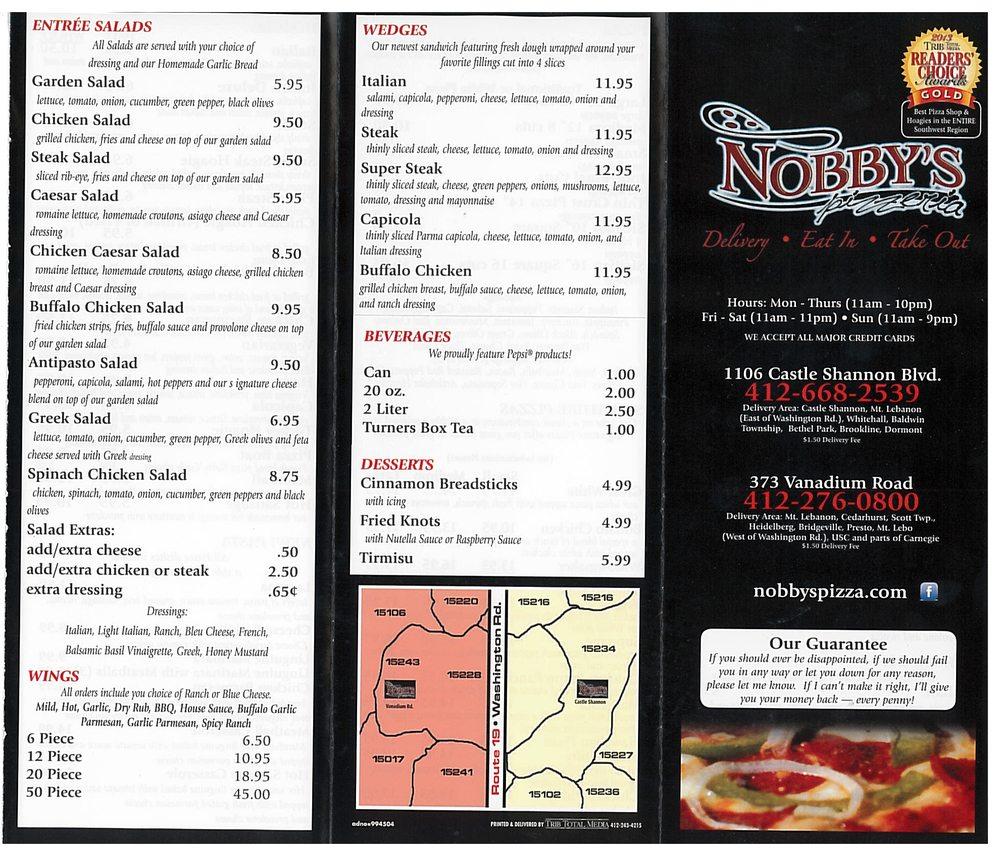 Menu at Nobby's Pizzeria, Pittsburgh, 373 Vanadium Rd