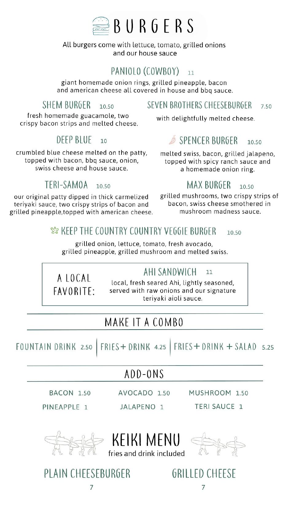 Menu at Seven Brothers - Haleiwa restaurant, Haleiwa