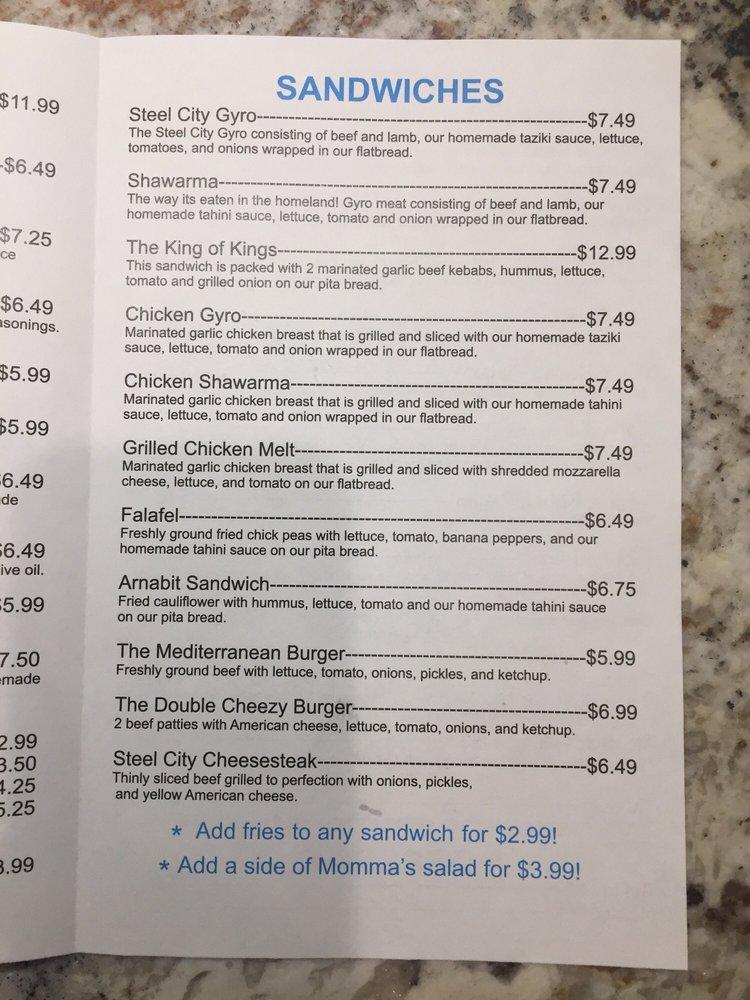 Menu at Steel City Gyro restaurant, Trexlertown