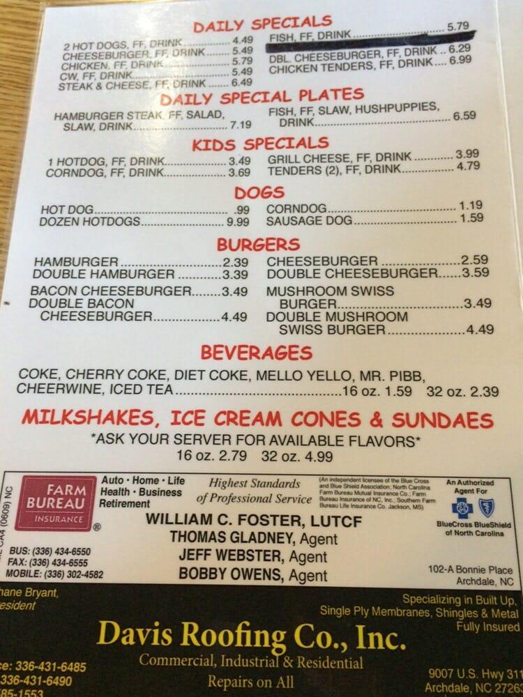 Menu at Archdale Soda Shop restaurant, Archdale