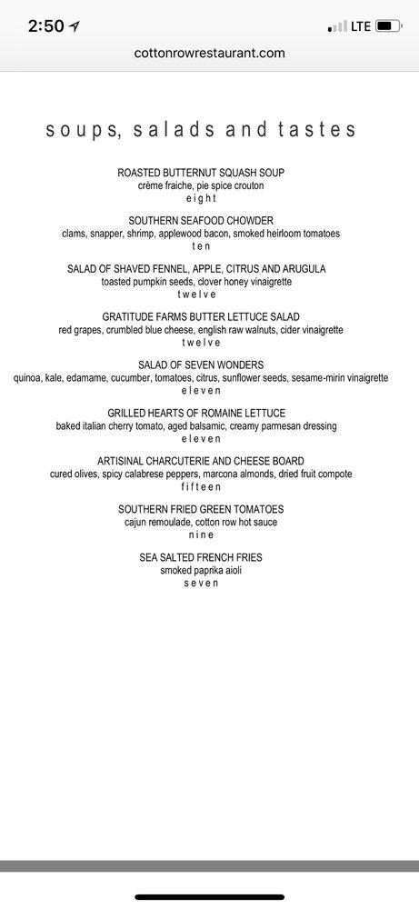 Menu at Cotton Row restaurant, Huntsville