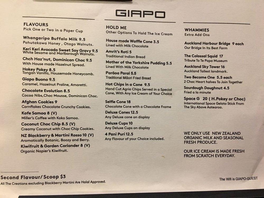 Menu at Giapo desserts, Auckland