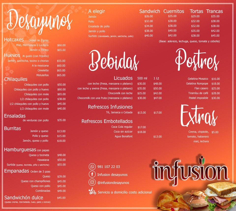 Menu at Infusión cafe, Campeche
