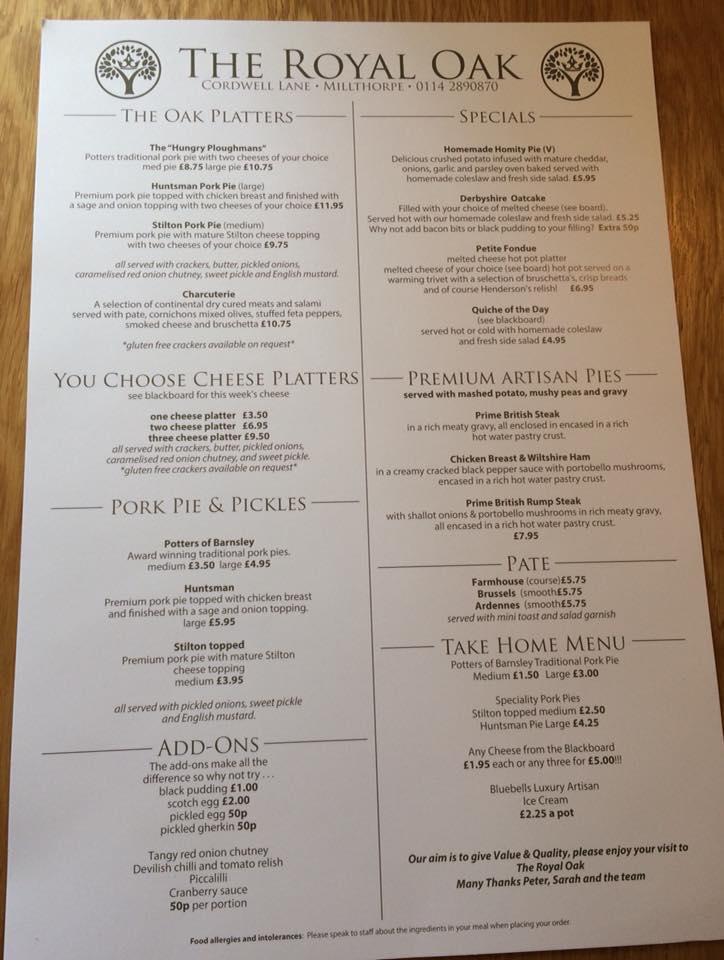 Menu at Royal Oak pub & bar, Dronfield