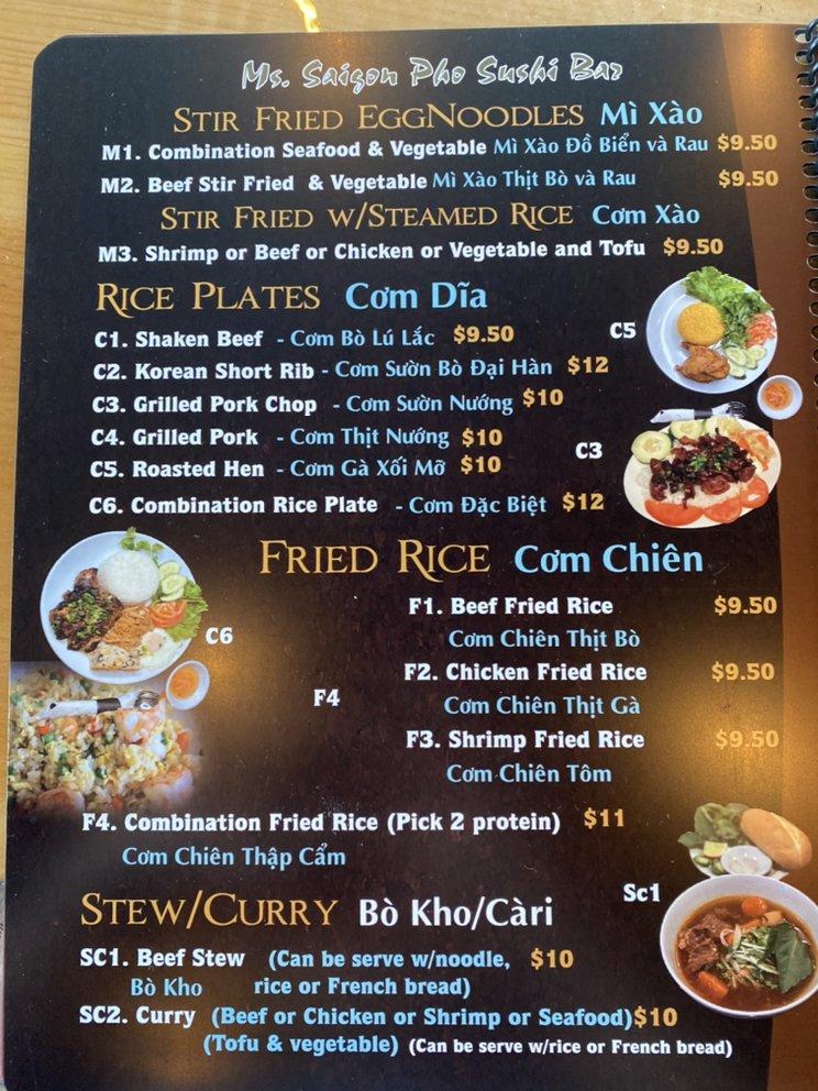 Menu at Ms. Saigon Pho and Grill restaurant, Keller