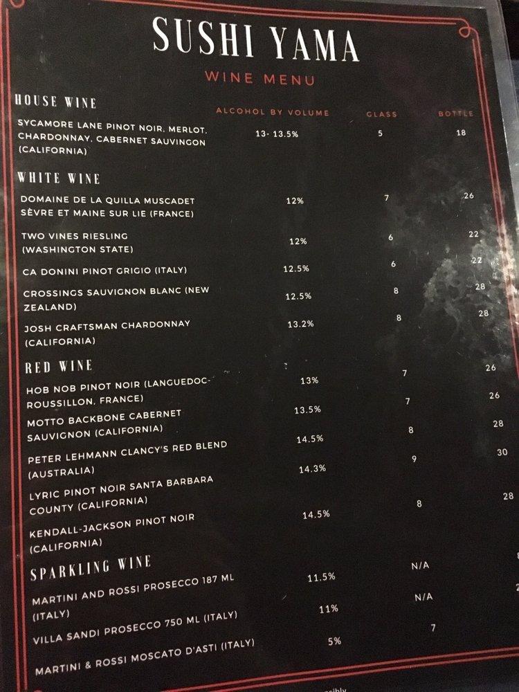 Menu at Sushi Yama restaurant, Travelers Rest