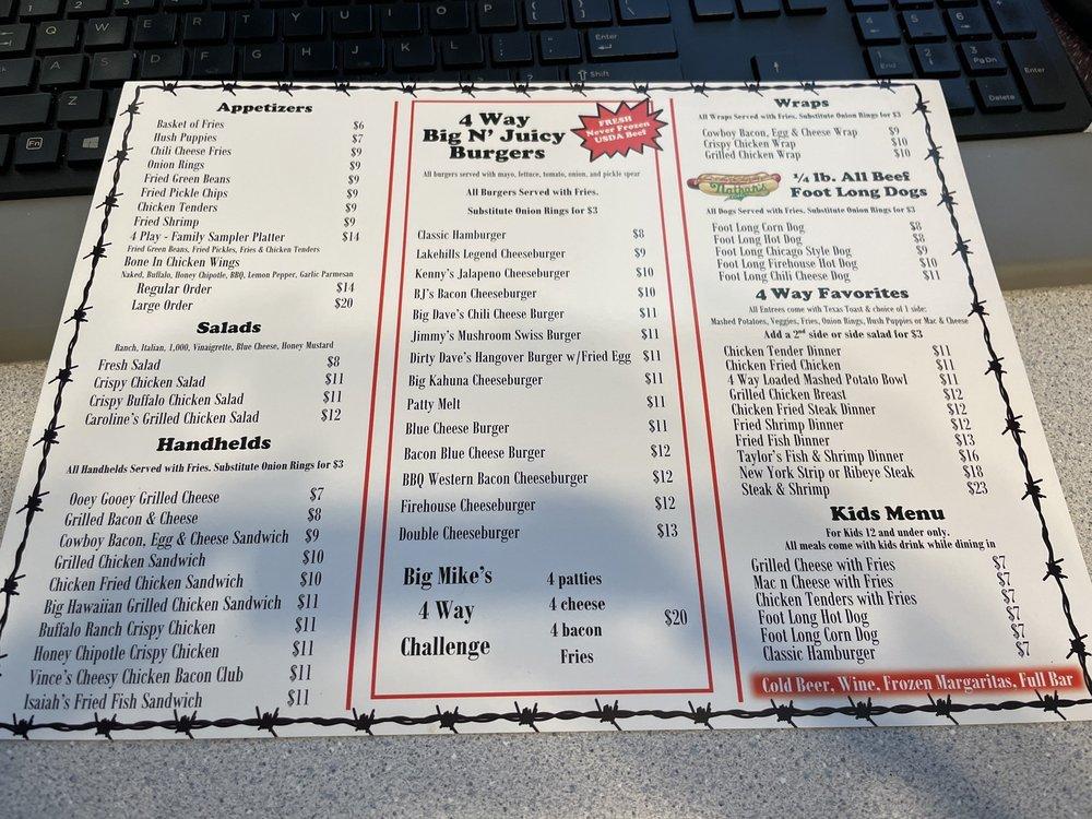 Menu at The 4 Way Bar & Grill, Lakehills