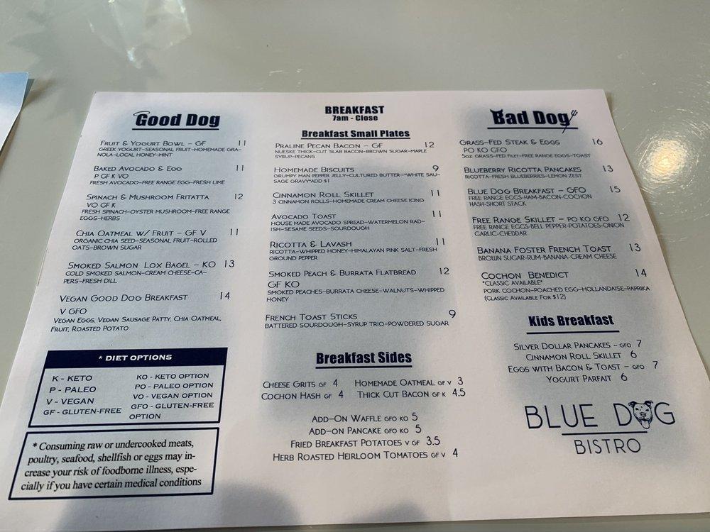 Menu at Blue Dog Bistro restaurant, Ocean Springs