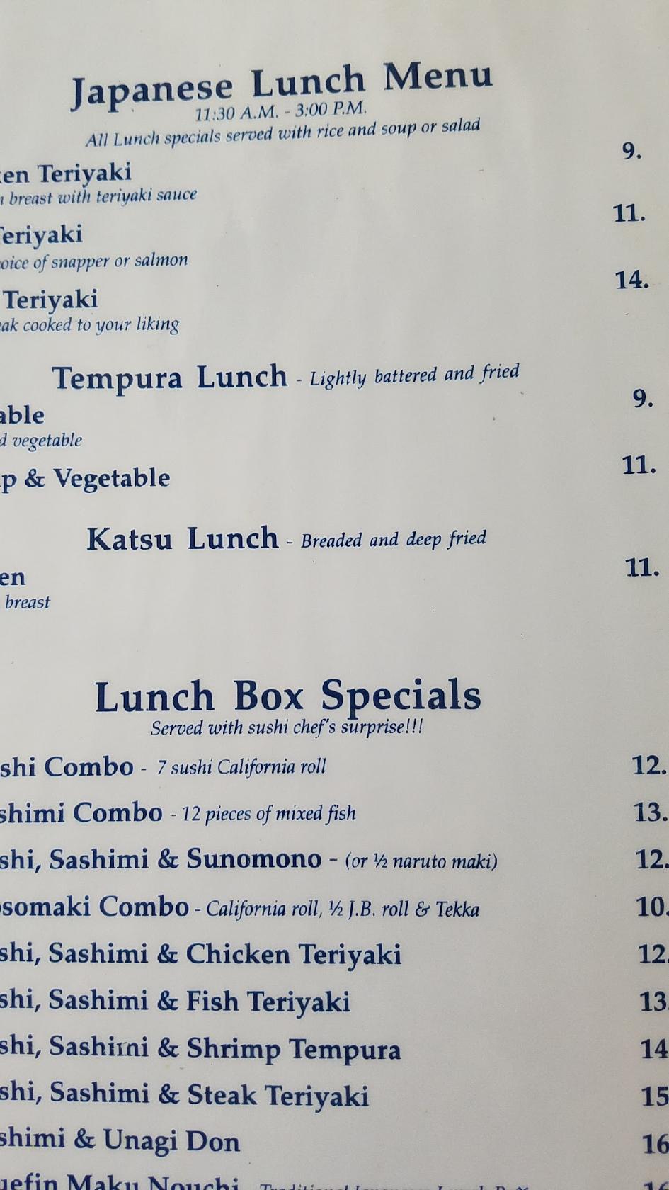 Menu at Bluefin Express restaurant, Boca Raton
