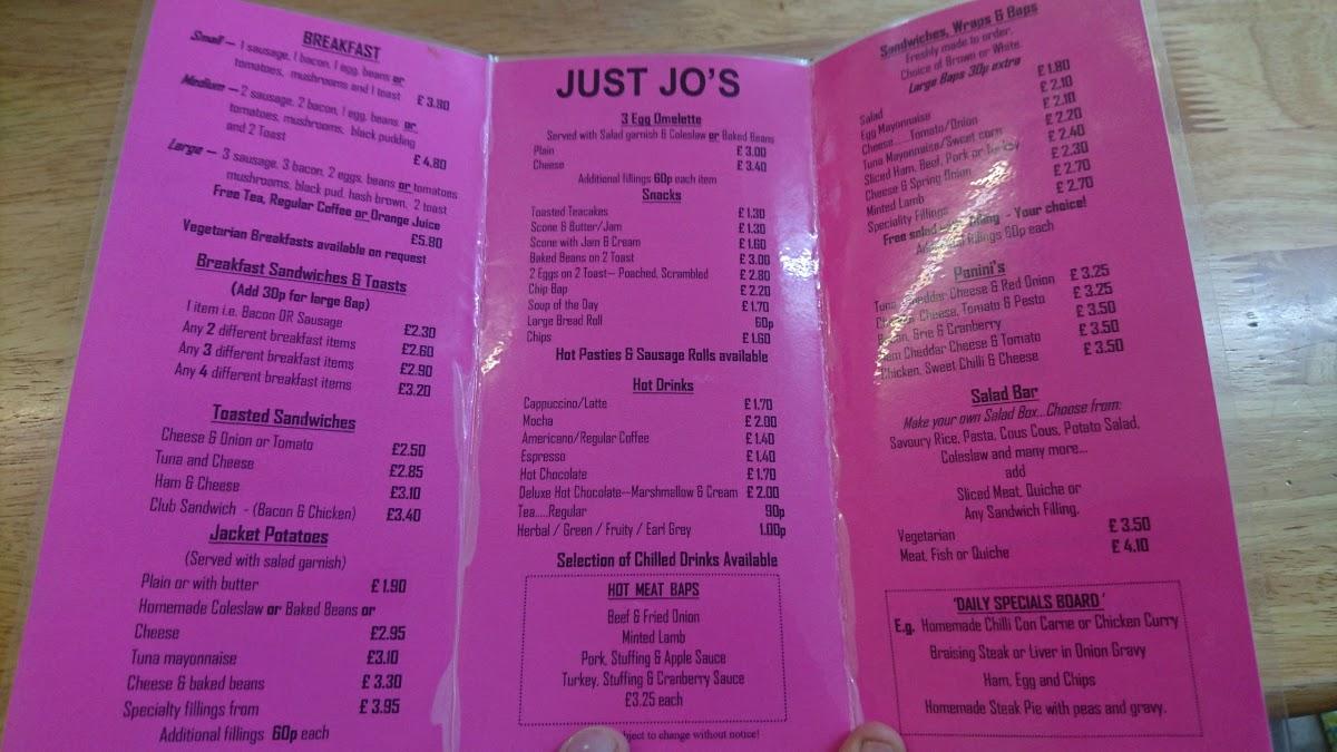 Menu at Just Jo's cafe, Garden City