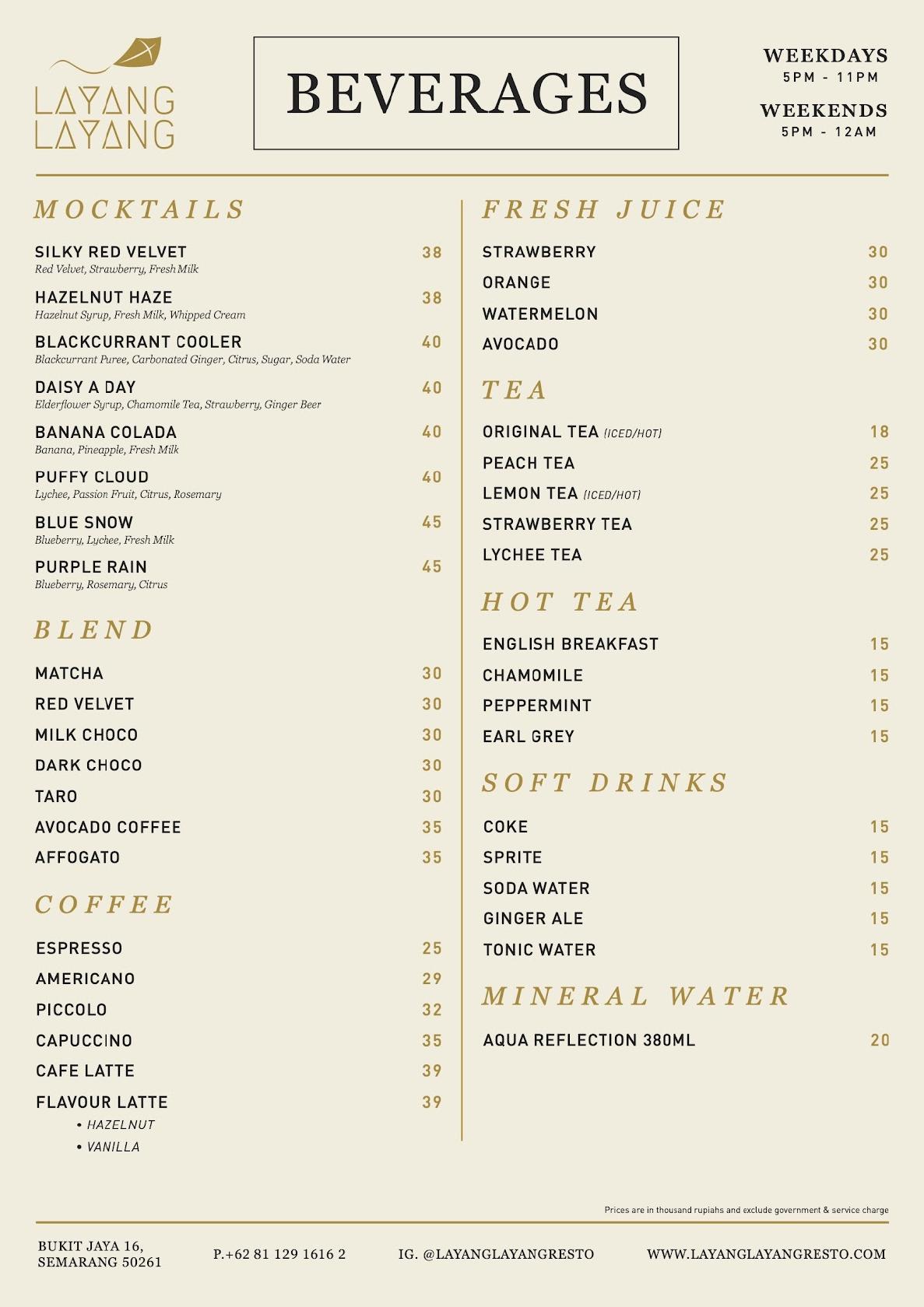 Carta de Layang Layang Kitchen, Restaurant & Rooftop Bar Semarang, Semarang
