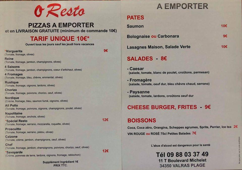 Menu at O Resto restaurant, Valras-Plage
