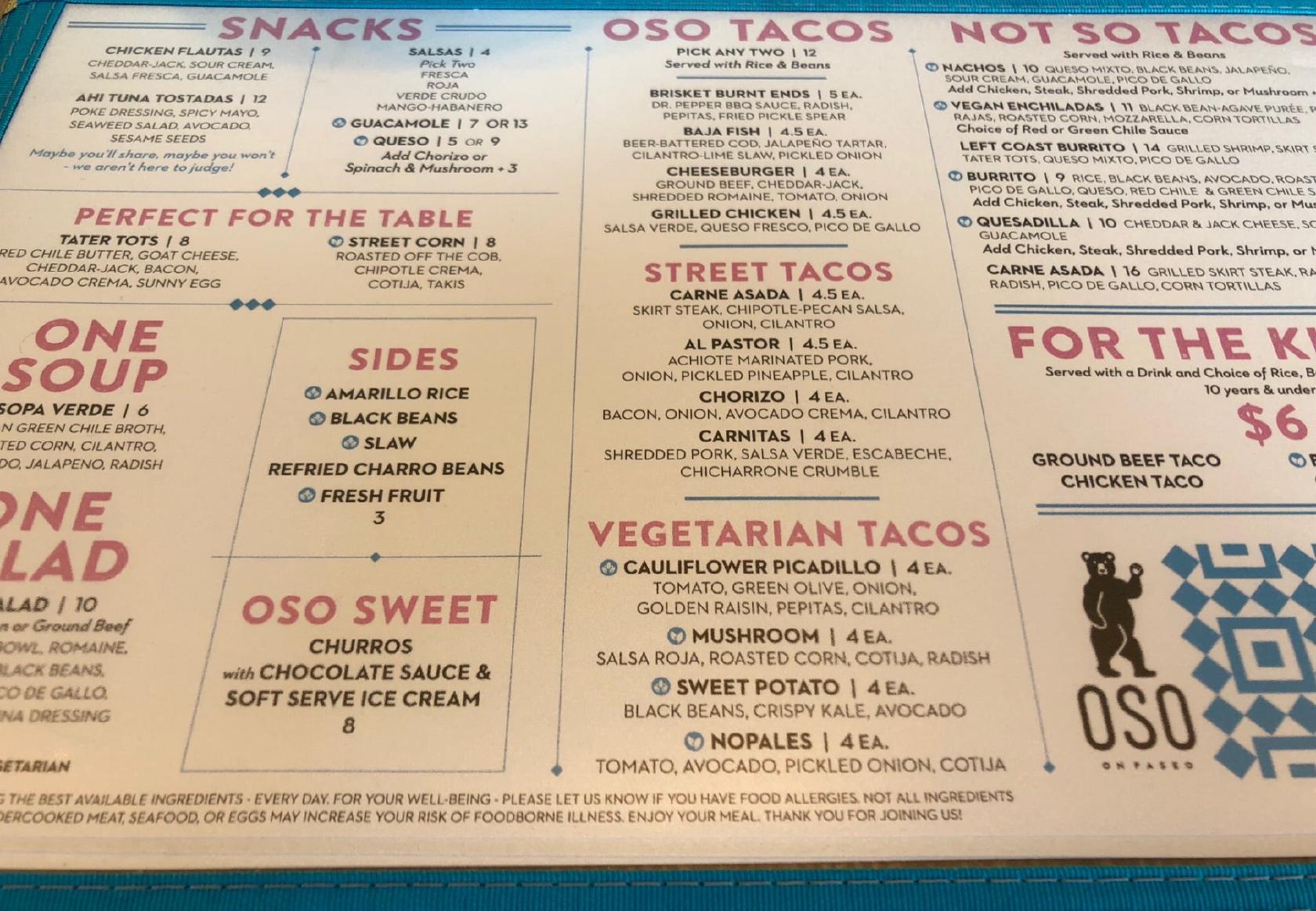 Menu at OSO Paseo pub & bar, Oklahoma City