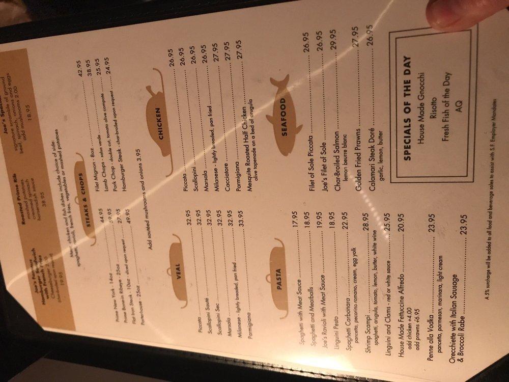Menu at Original Joe's steakhouse, San Francisco, 601 Union St