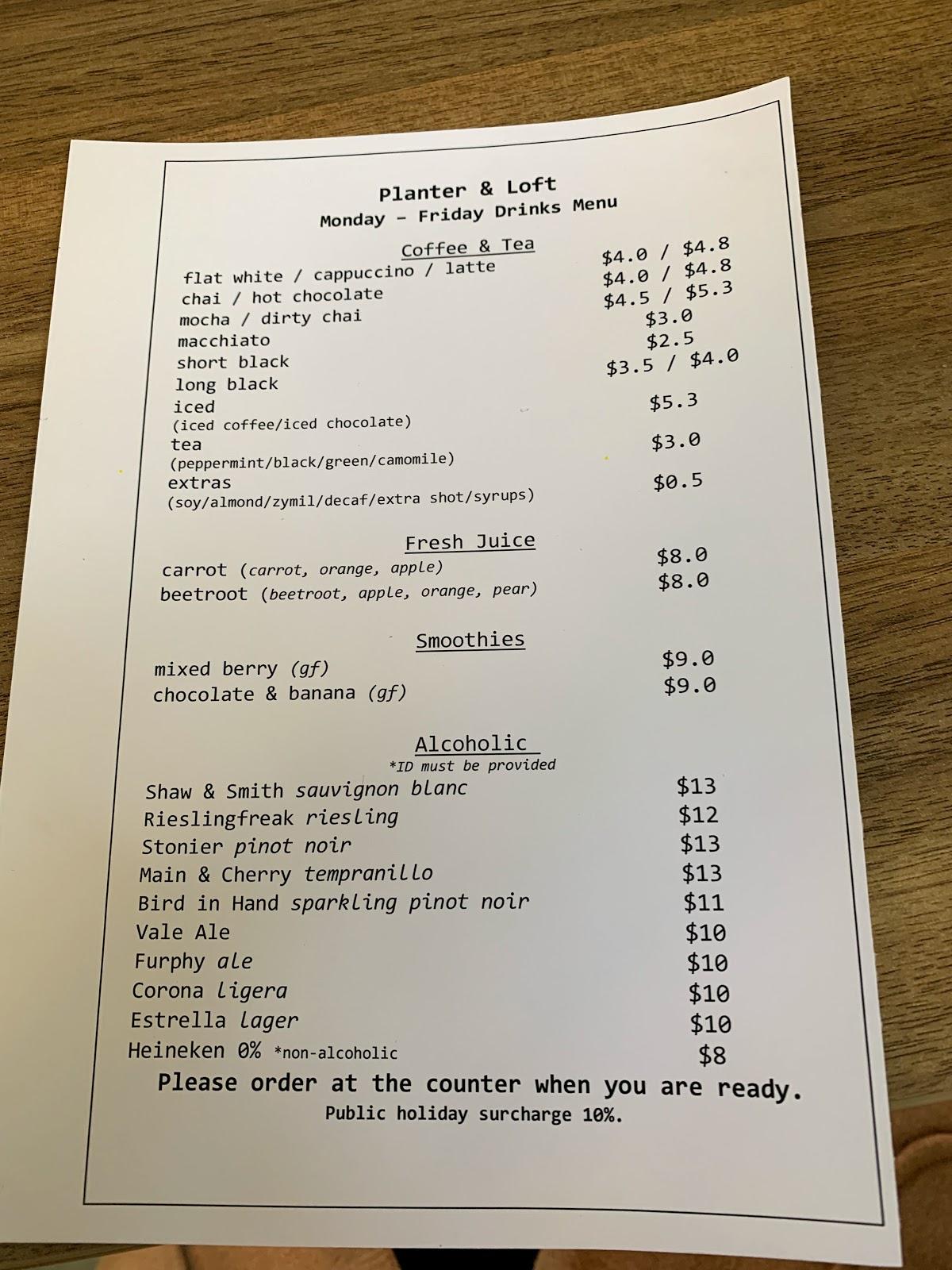 Menu at Planter and loft cafe, Norwood