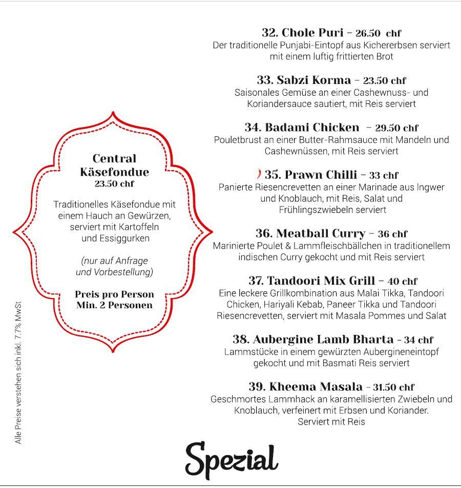 Menu at Hotel Central, Engelberg
