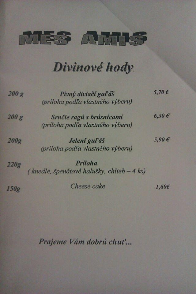 Menu at Mes Amis restaurant, Prešov