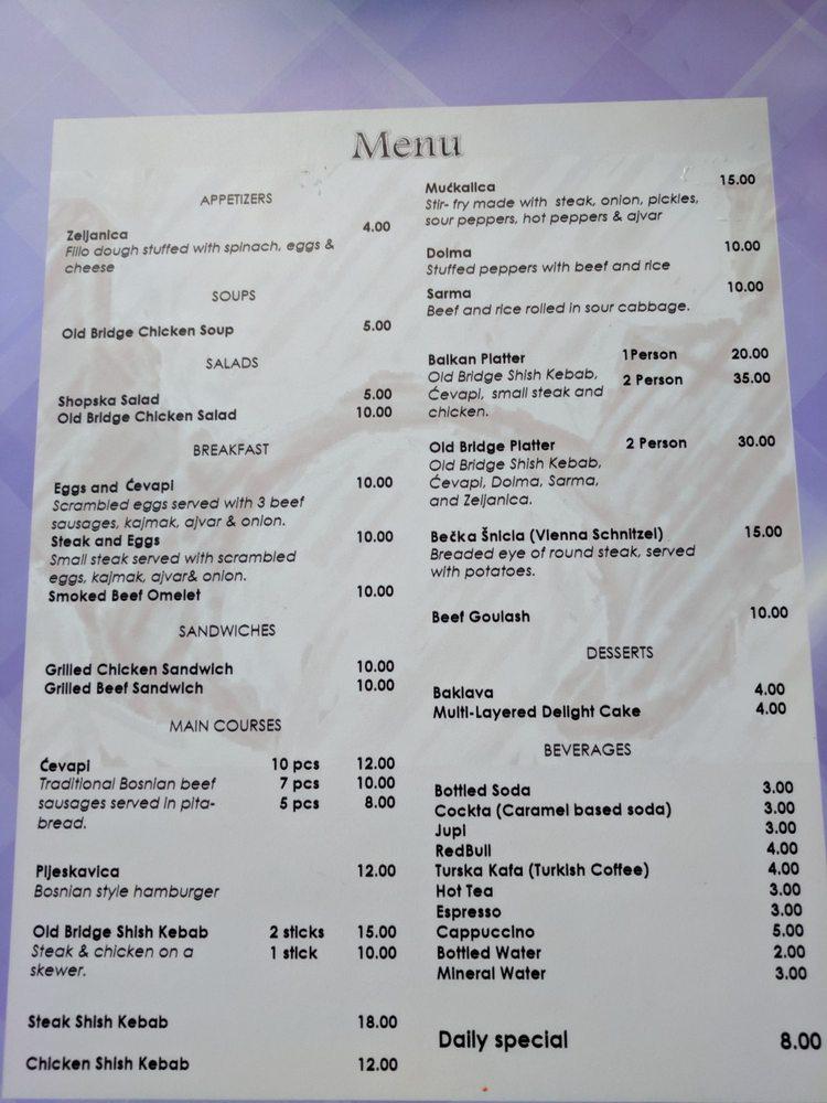 Menu at Old Bridge Cafe, South Salt Lake