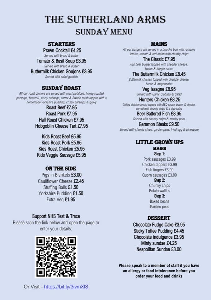 Menu at Sutherland Arms pub & bar, England, Tibberton