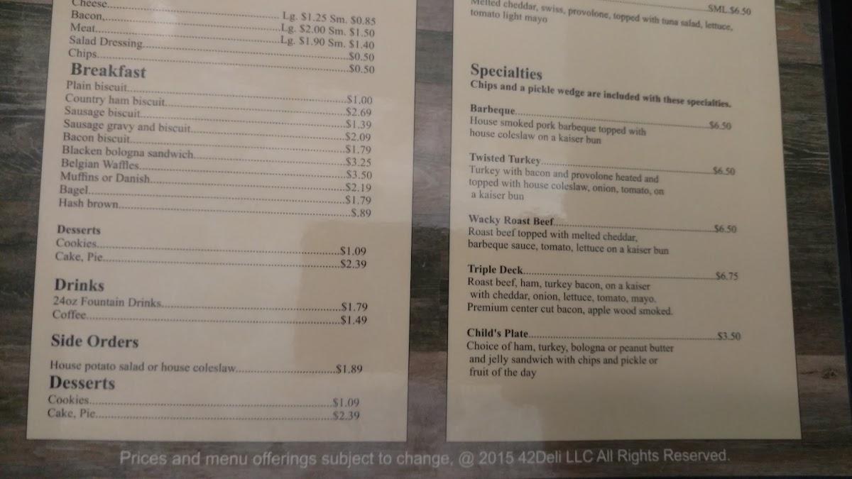 Menu at 42Deli restaurant, Clifton Forge