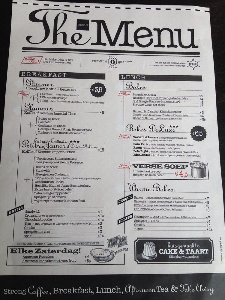 Menu at Blend (Breakfast, Lunch & Drinks), Antwerp, Londenstraat 18