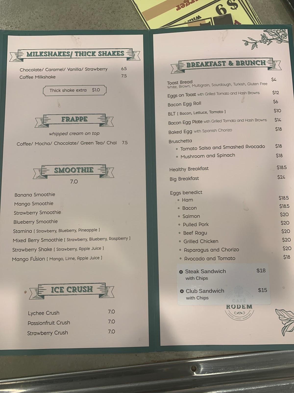 Menu at Cafe Rodem 2, Lidcombe