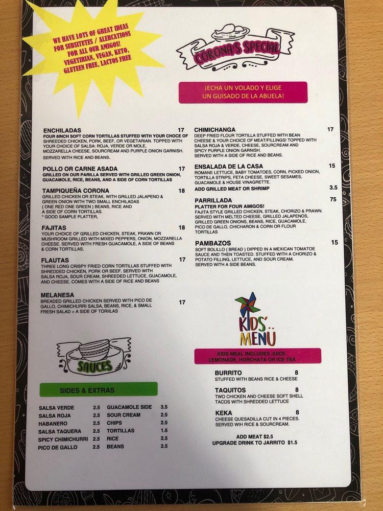 Menu at Corona's Mexican Restaurant Inc, Mission, London Ave #750