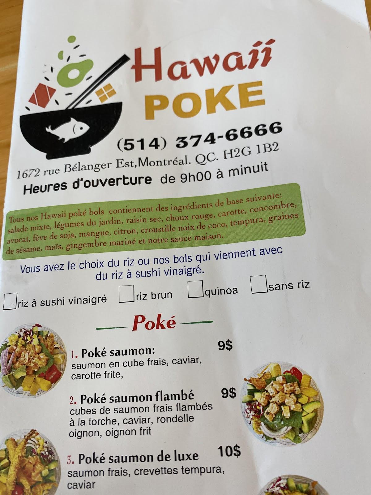 Menu at Hawaii Poke restaurant, Montréal