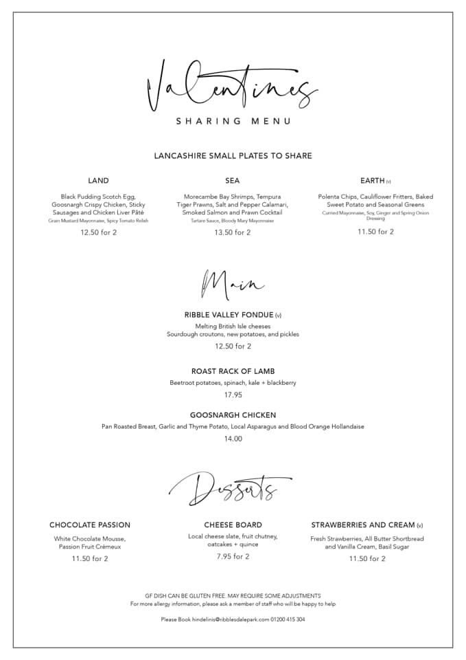 Menu at Hindelinis restaurant, Gisburn
