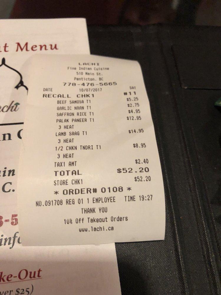 Menu at Lachi restaurant, Penticton