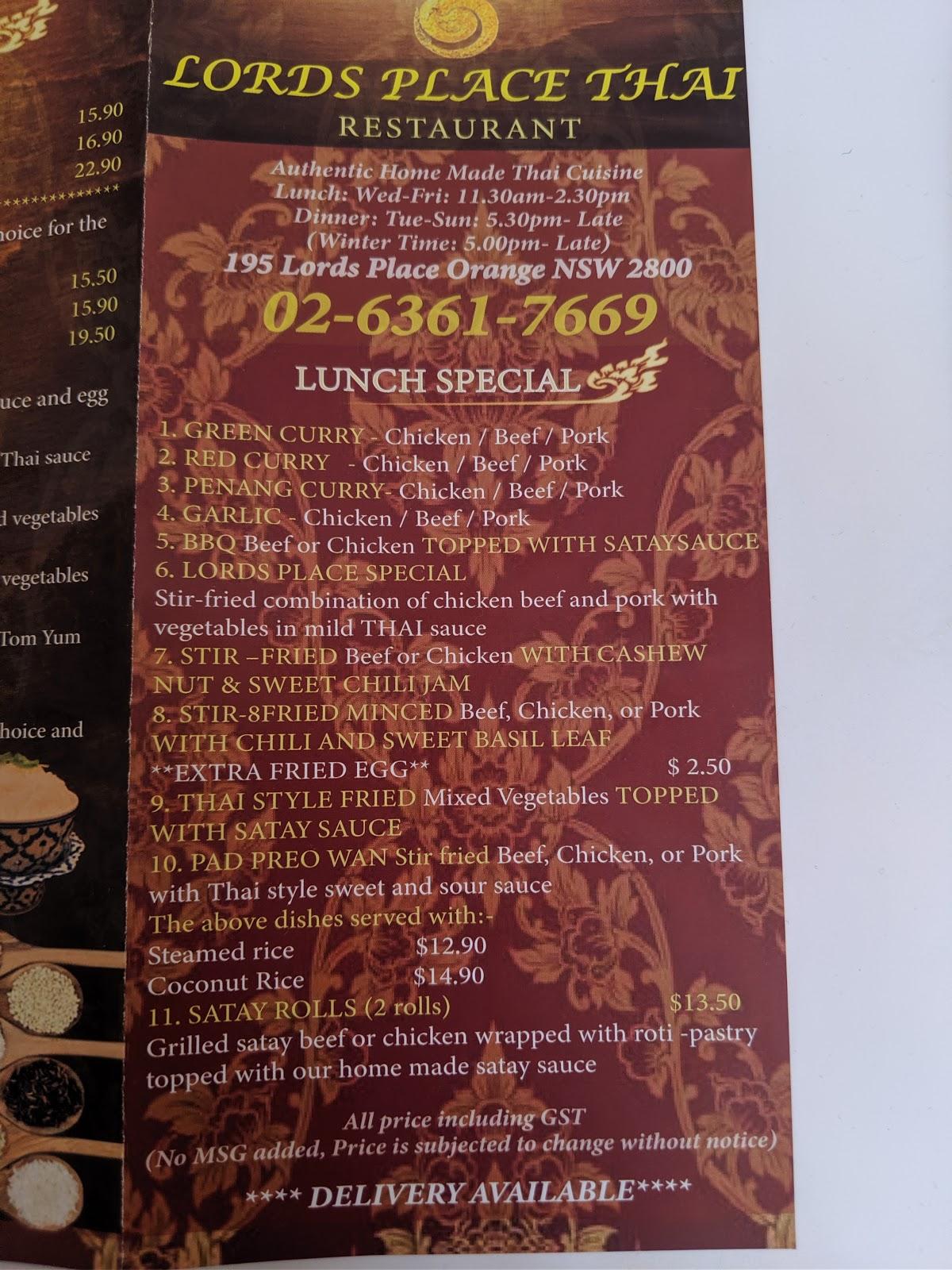 Menu at Lords Place Thai Restaurant, Orange