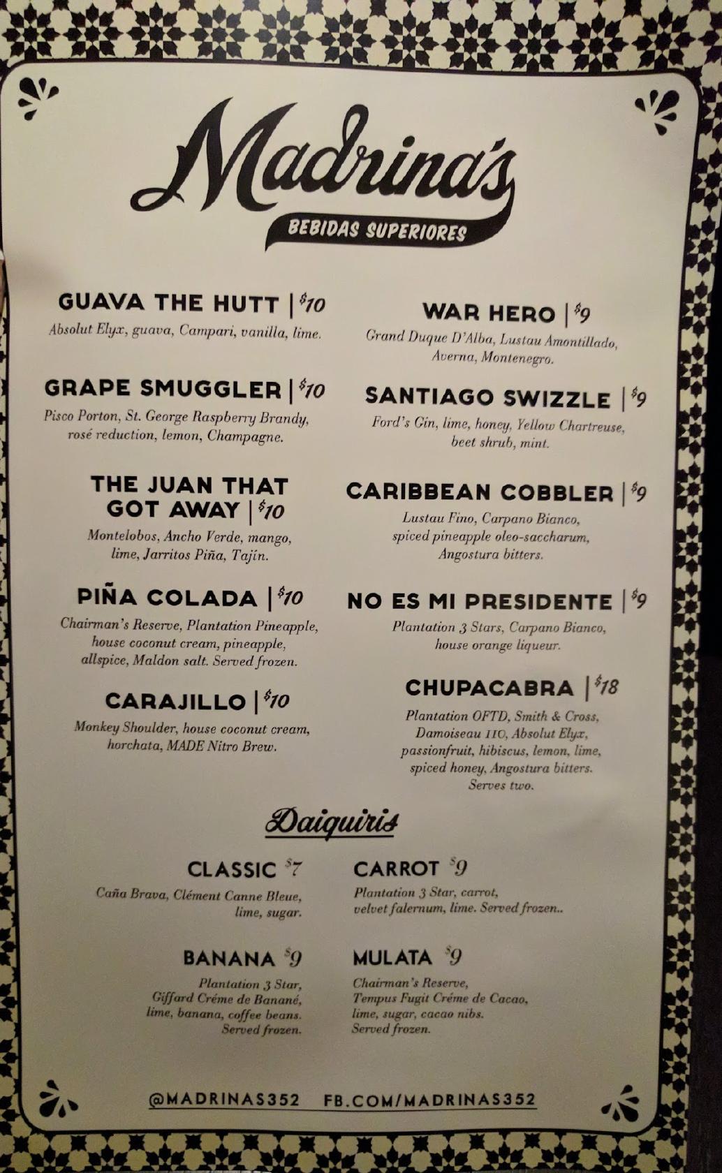 Menu at Madrina's pub & bar, Gainesville