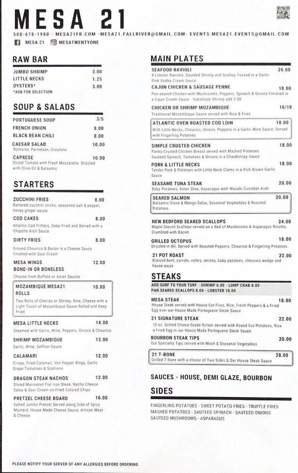 Menu at Mesa 21 pizzeria, Fall River