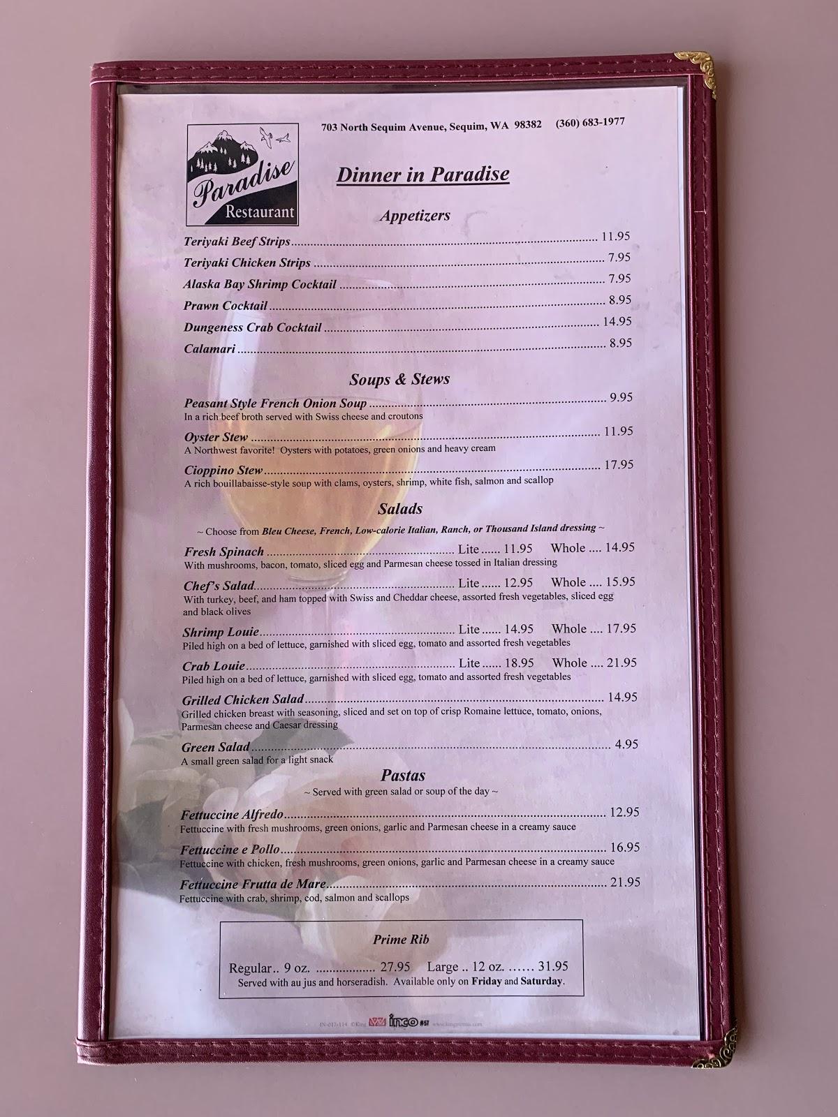 Menu at Paradise Restaurant, Sequim