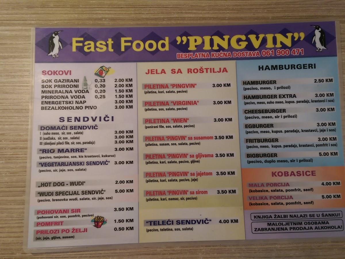 Menu at Pingvin restaurant, Sarajevo, Maršala Tita 33