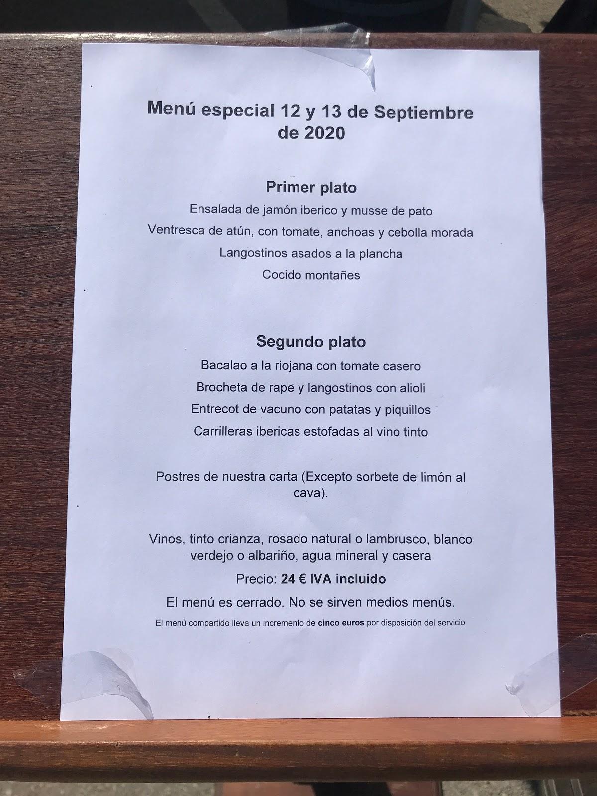 Carta del restaurante El Roble, Liendo