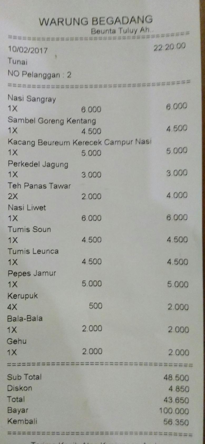 Menu at Warung Begadang restaurant, Bandung