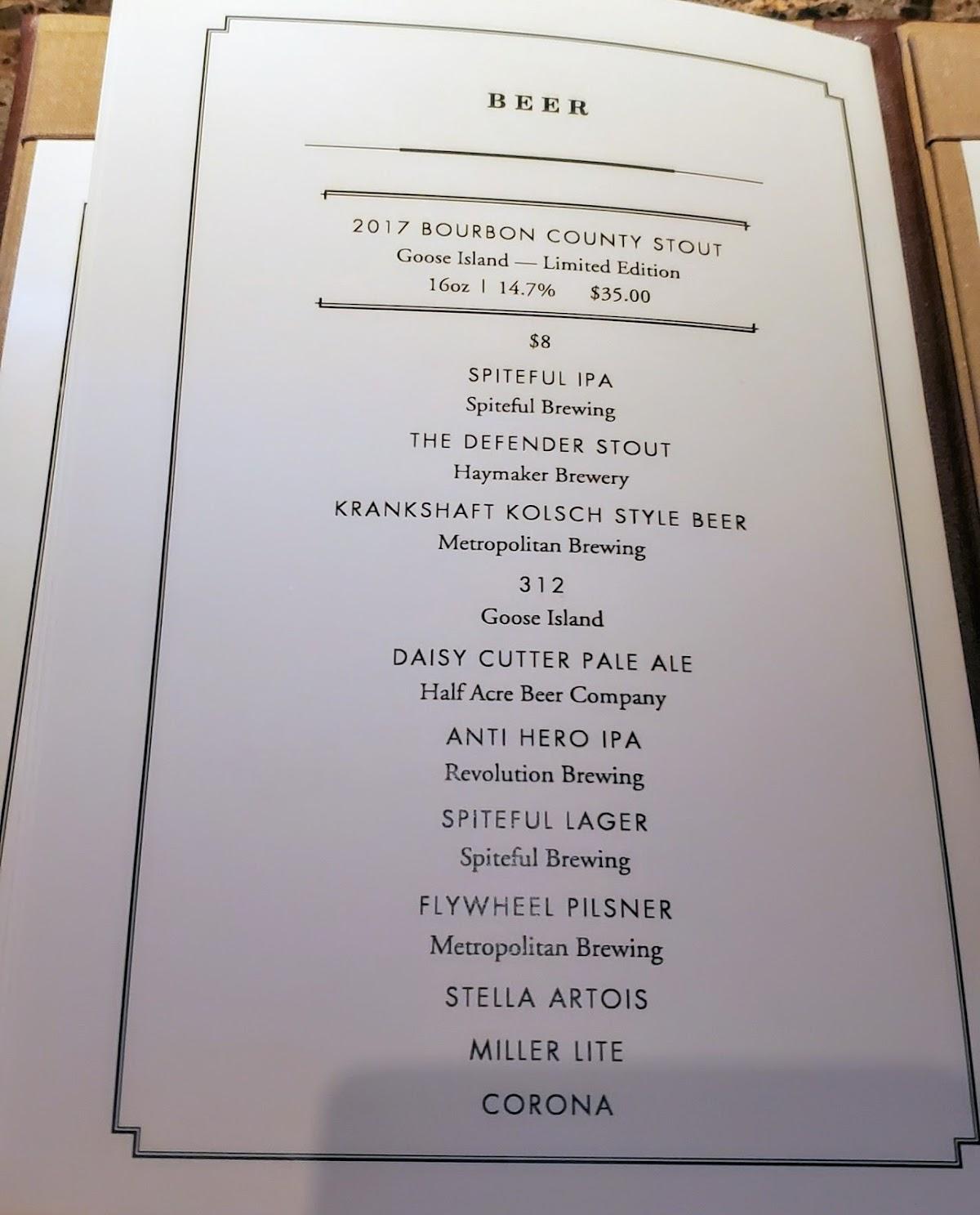Menu at Ocean Prime steakhouse, Chicago