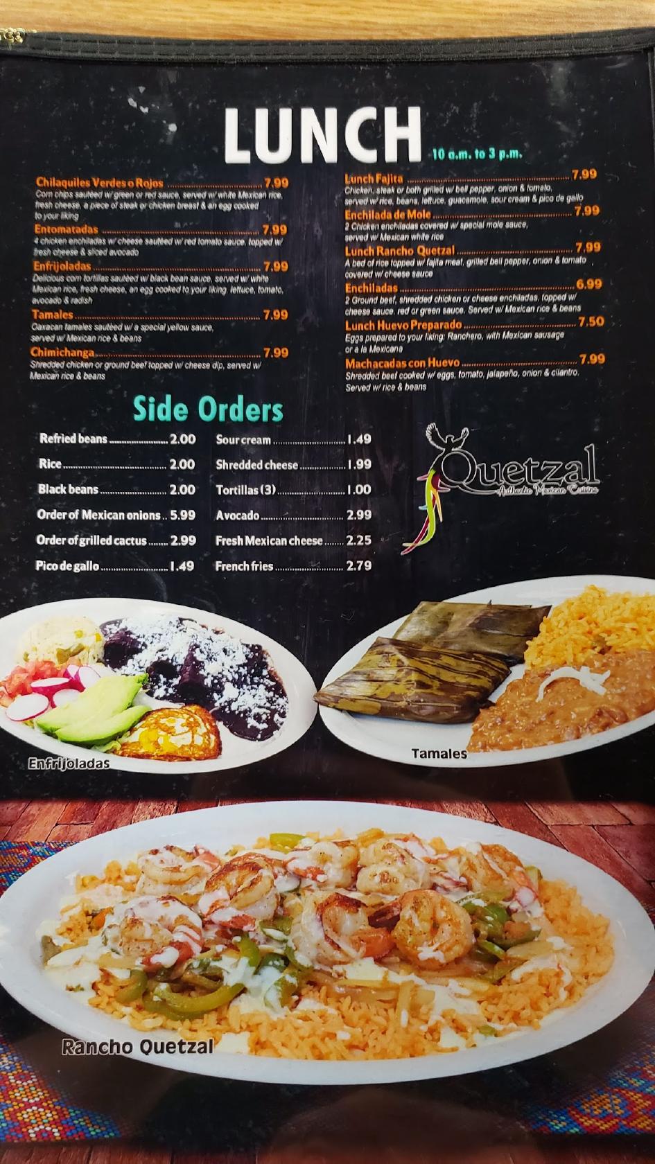 Menu at Quetzal restaurant, Hot Springs, Airport Rd
