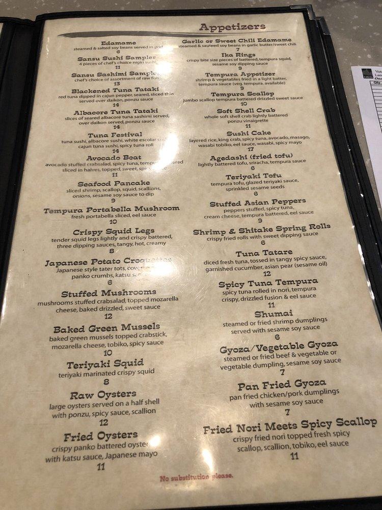 Menu at Sansu Sushi and Cocktails restaurant, East Lansing