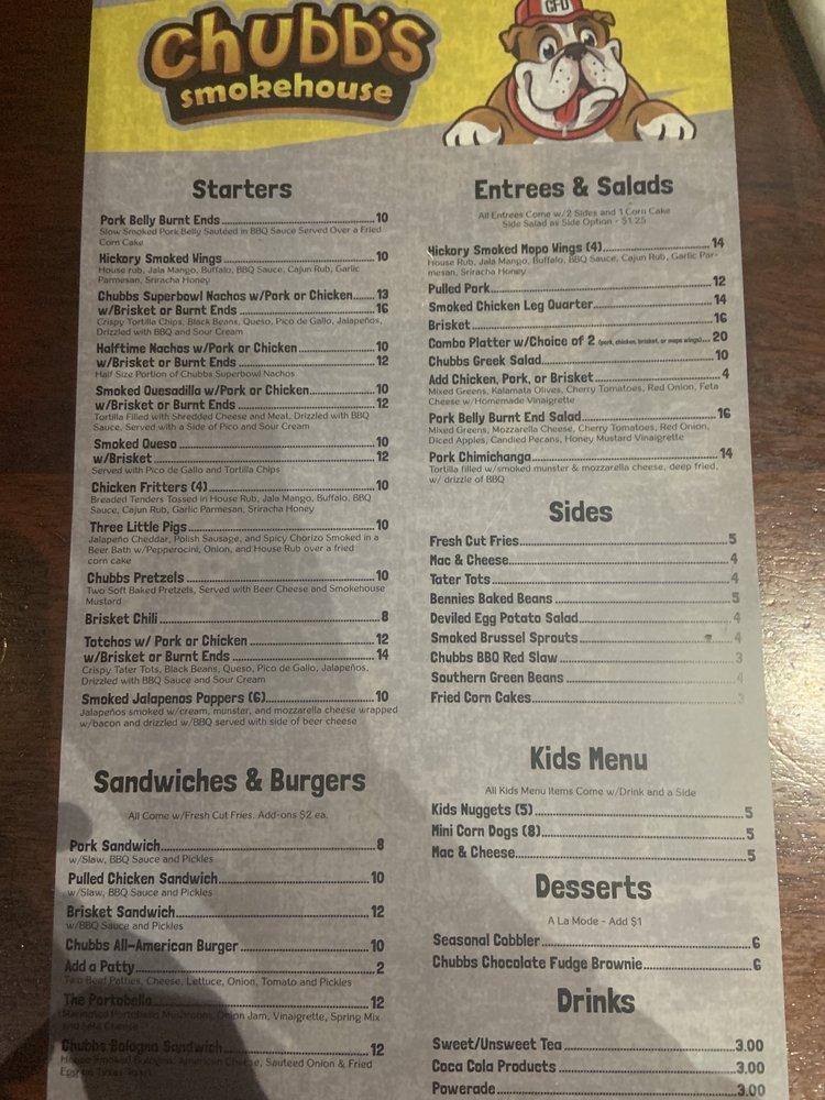 Menu at Chubb's Smokehouse pub & bar, Gallatin