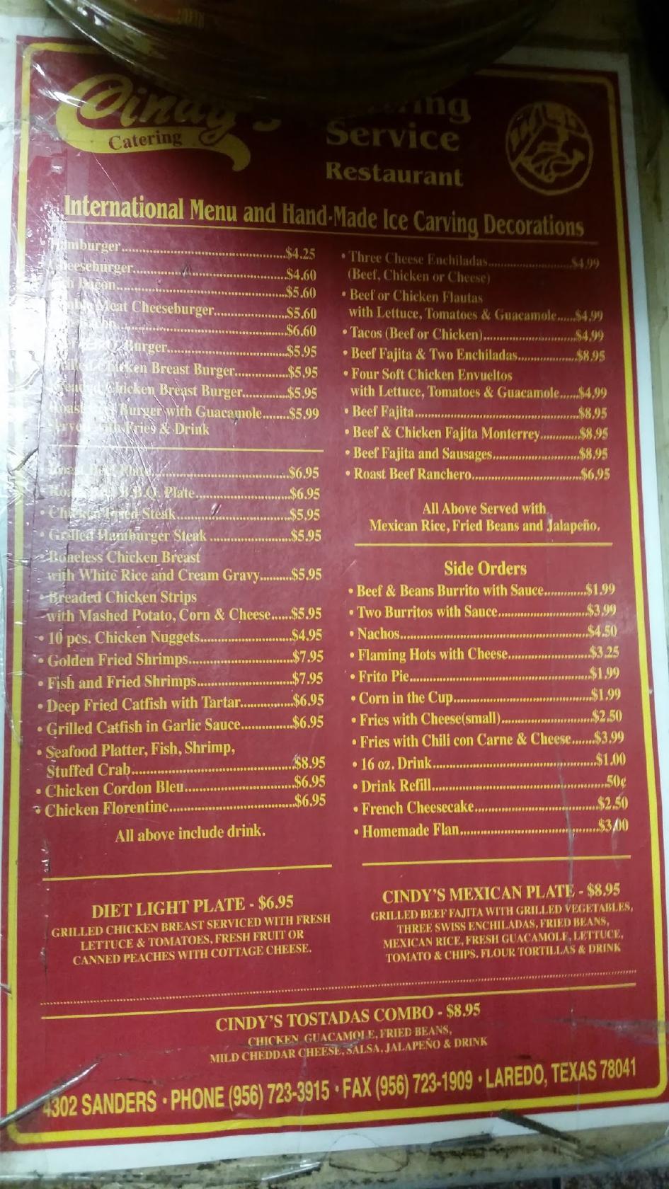 Menu at Cindy's Catering restaurant, Laredo